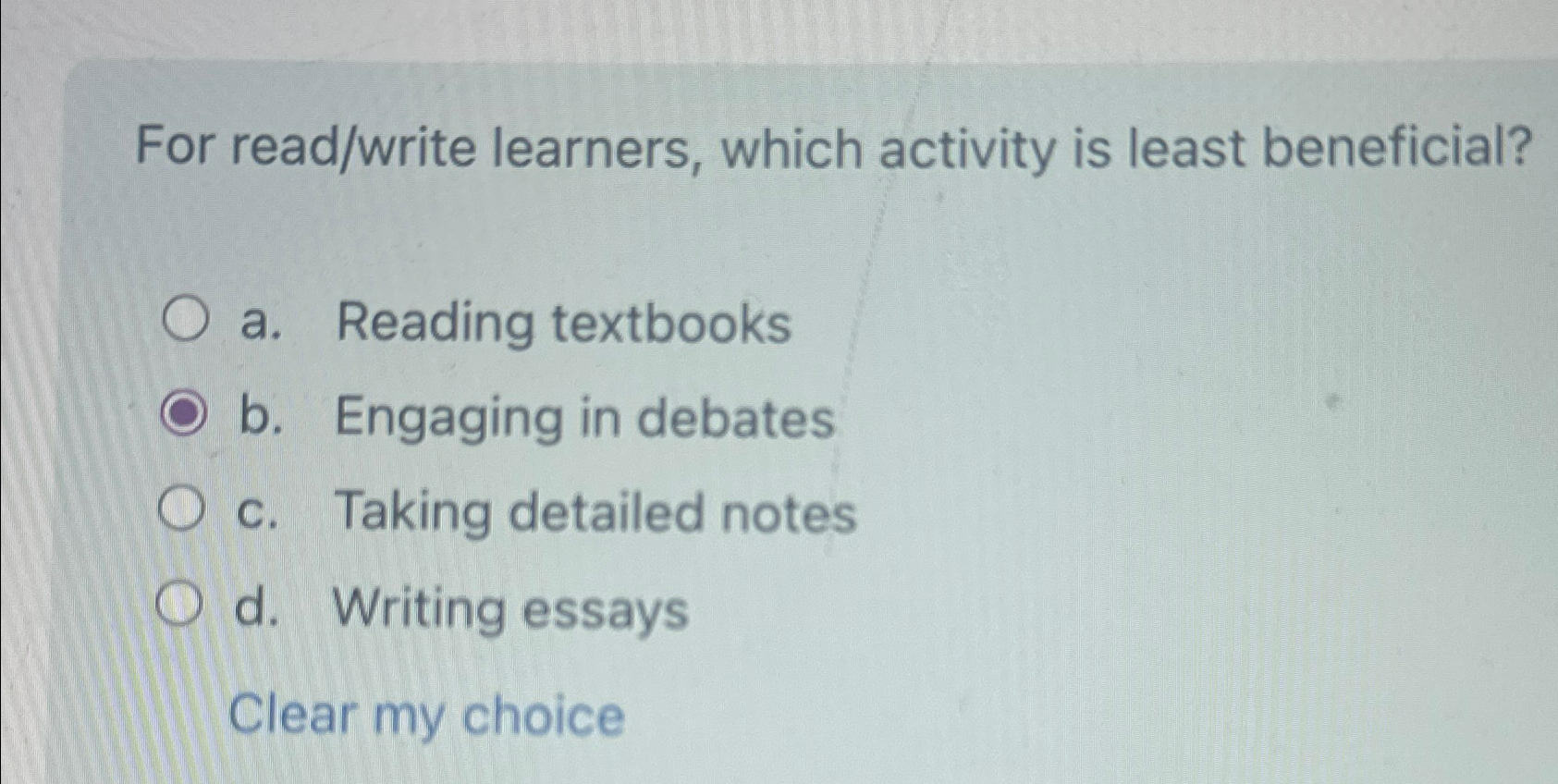 Solved For read/write learners, which activity is least | Chegg.com