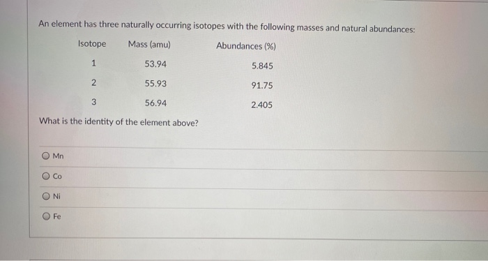 Solved An element has three naturally occurring isotopes | Chegg.com
