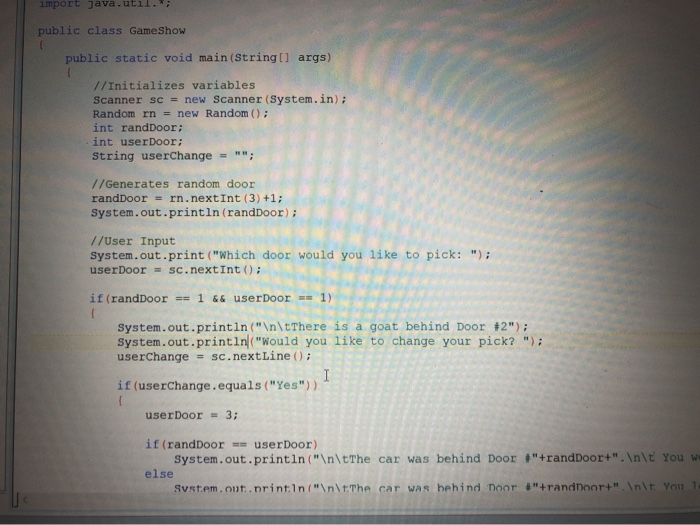 Solved This is a portion of my java code for the Monty Hall | Chegg.com