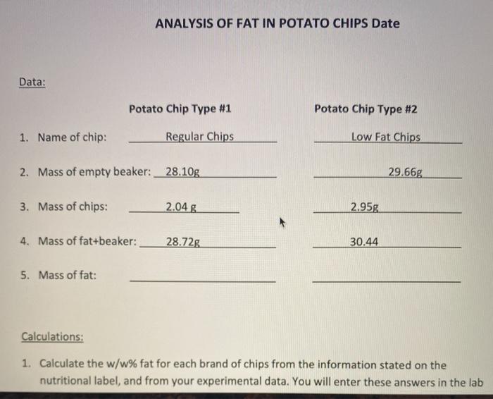 Solved ANALYSIS OF FAT IN POTATO CHIPS Date Data: Potato | Chegg.com