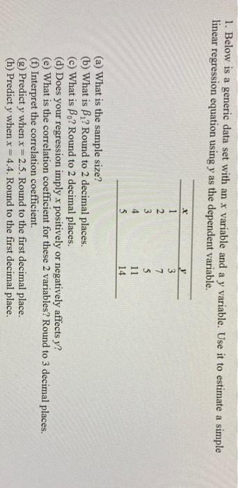 Solved 1. Below is a generic data set with an x variable and | Chegg.com