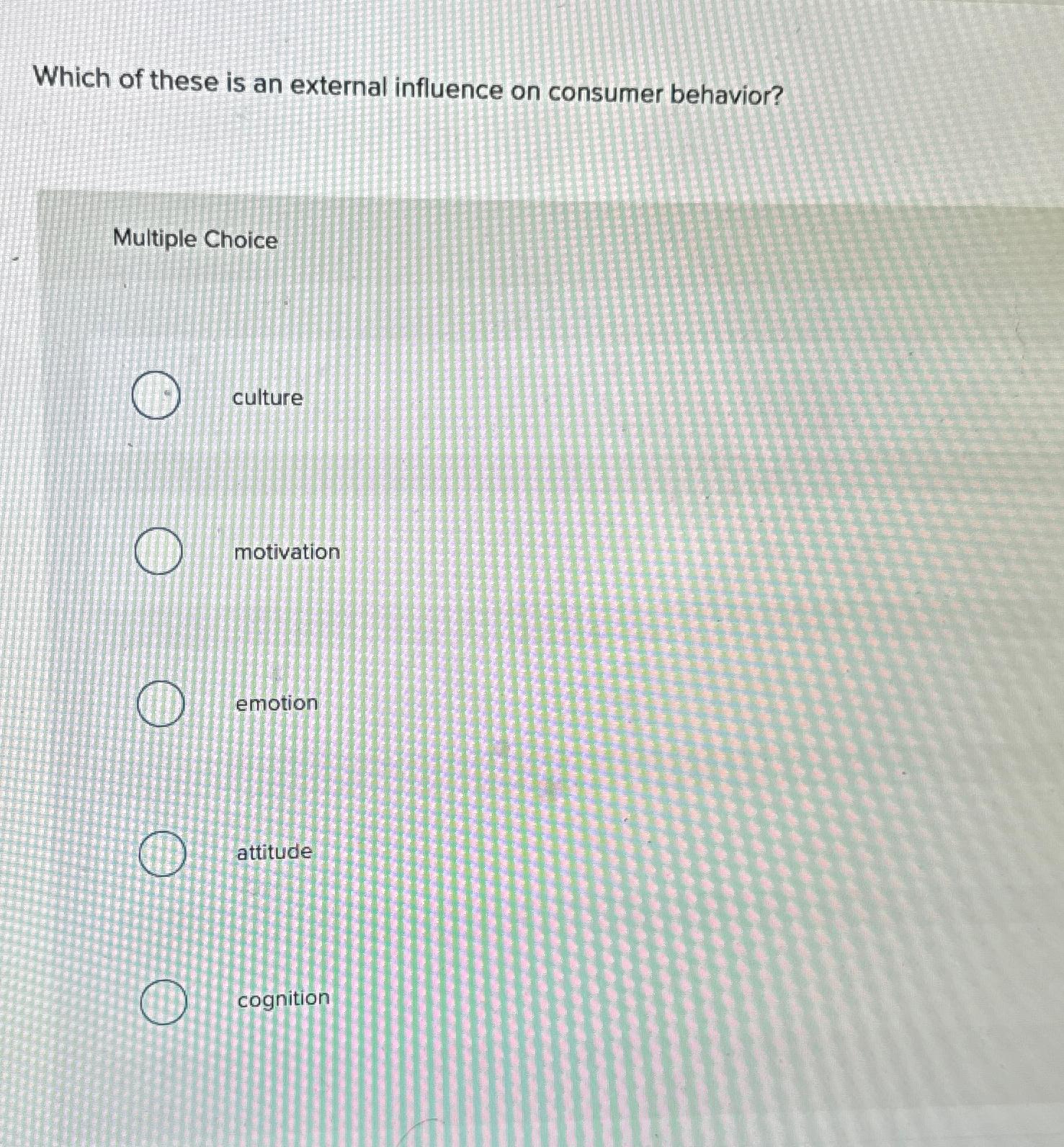Solved Which of these is an external influence on consumer | Chegg.com