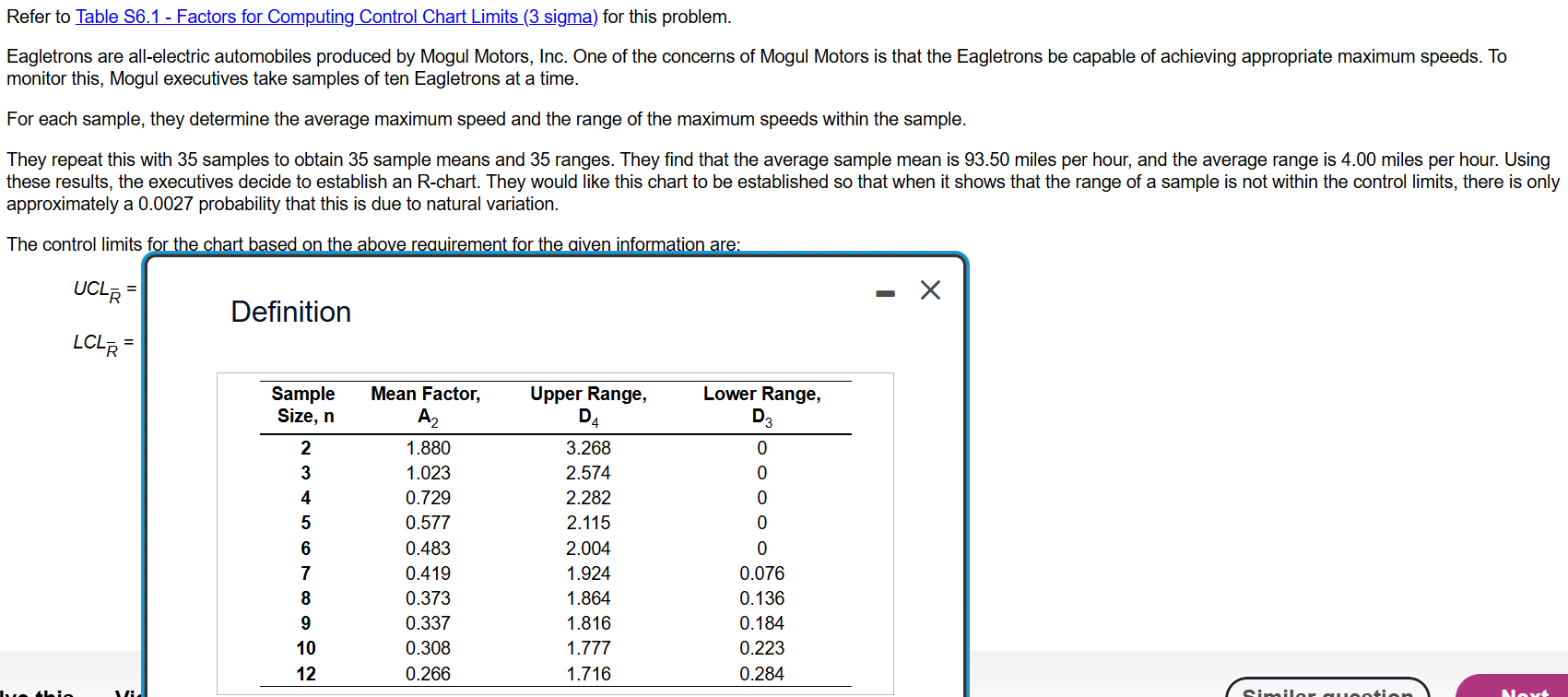 Solved Refer to Table S6.1 - ﻿Factors for Computing_Control | Chegg.com