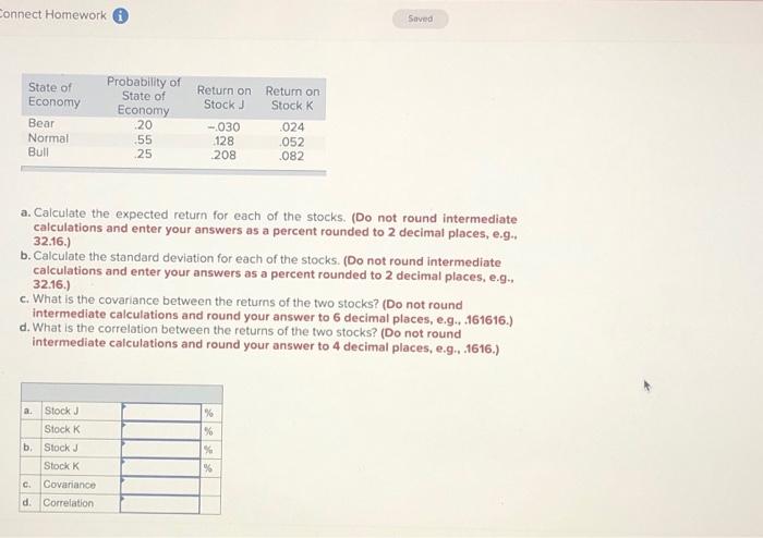 Solved Connect Homework (i) a. Calculate the expected return | Chegg.com