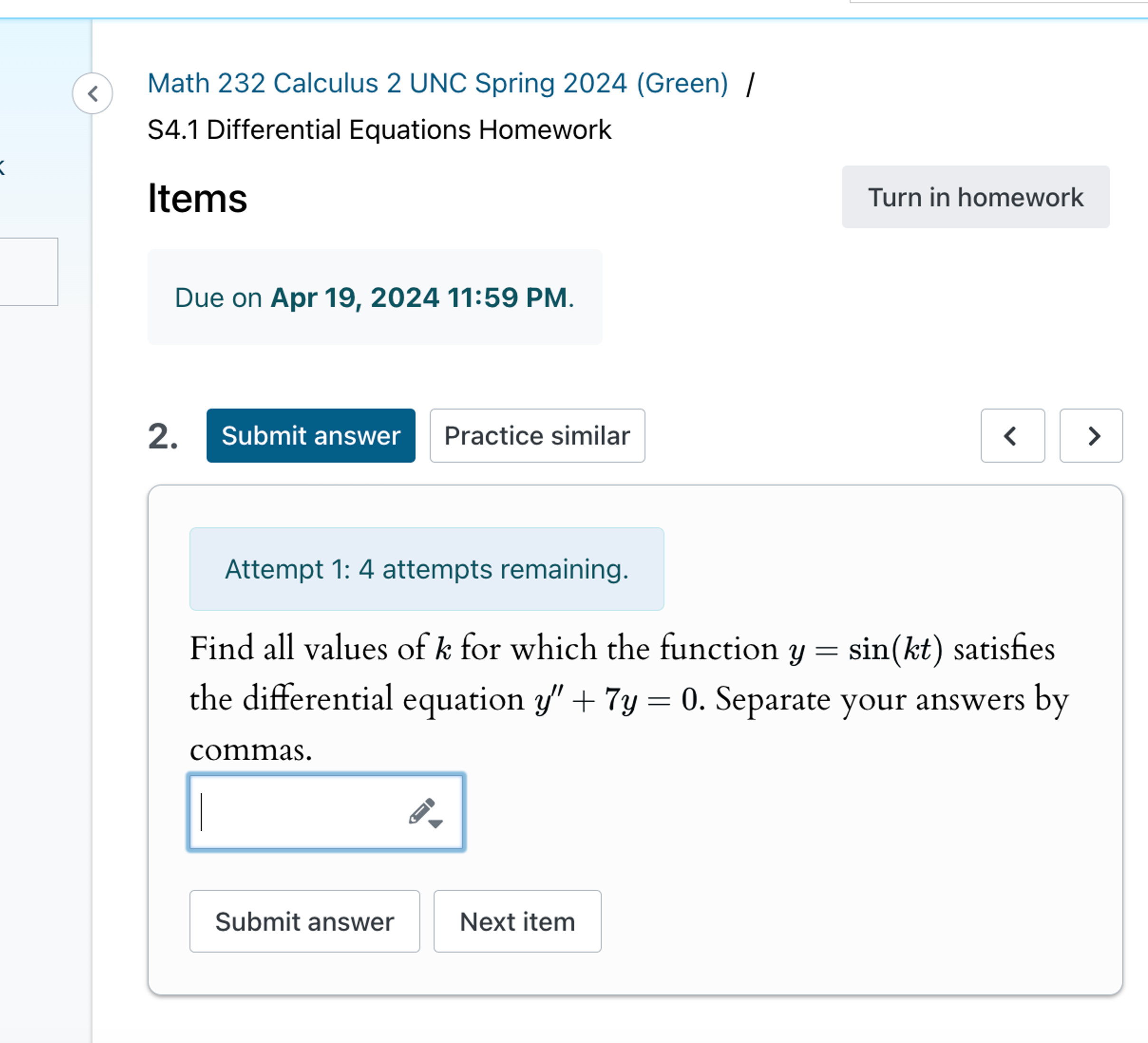 Solved Math 232 ﻿Calculus 2 ﻿UNC Spring 2024 (Green) /S4.1 | Chegg.com