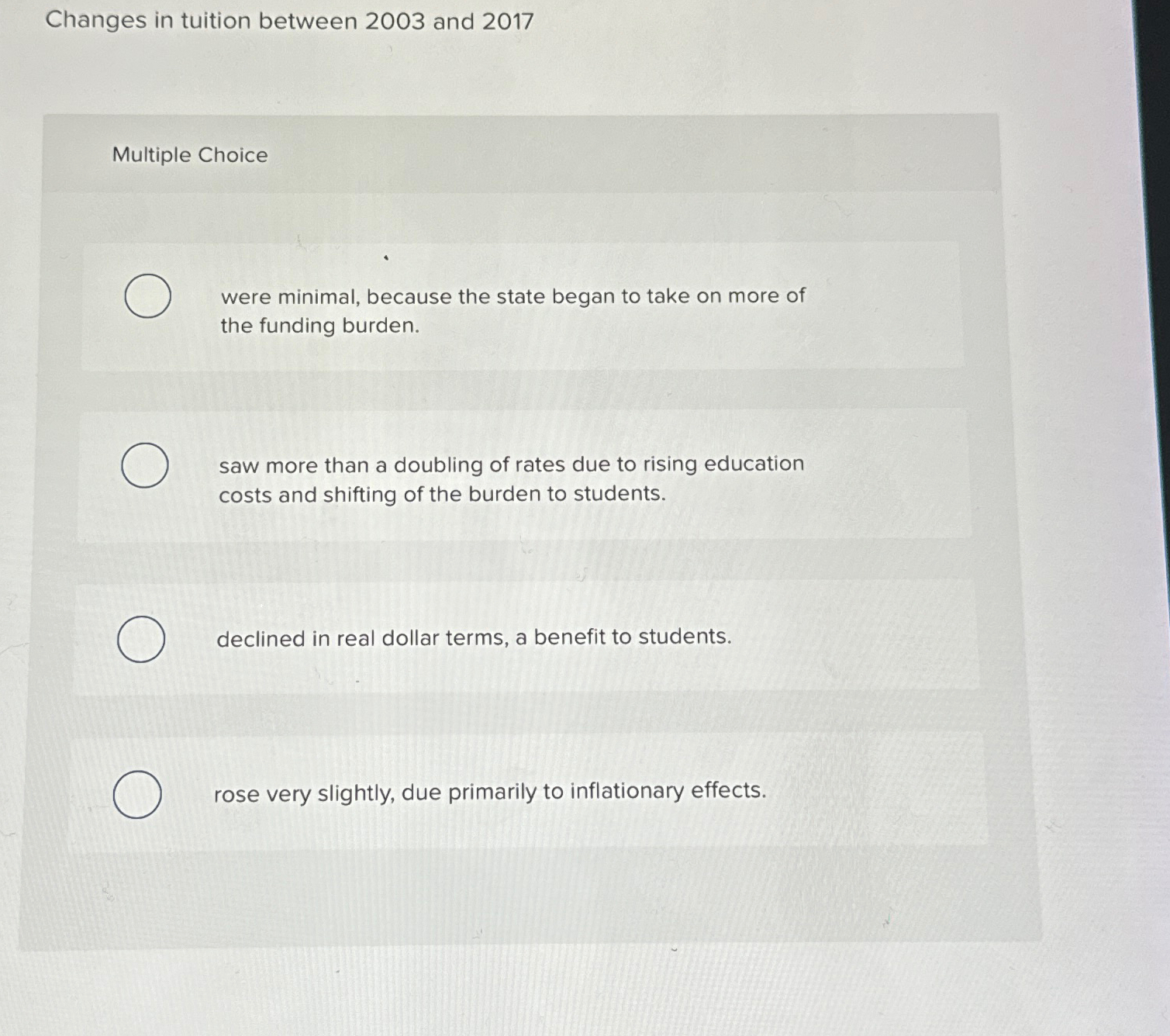 Solved Changes in tuition between 2003 ﻿and 2017Multiple | Chegg.com