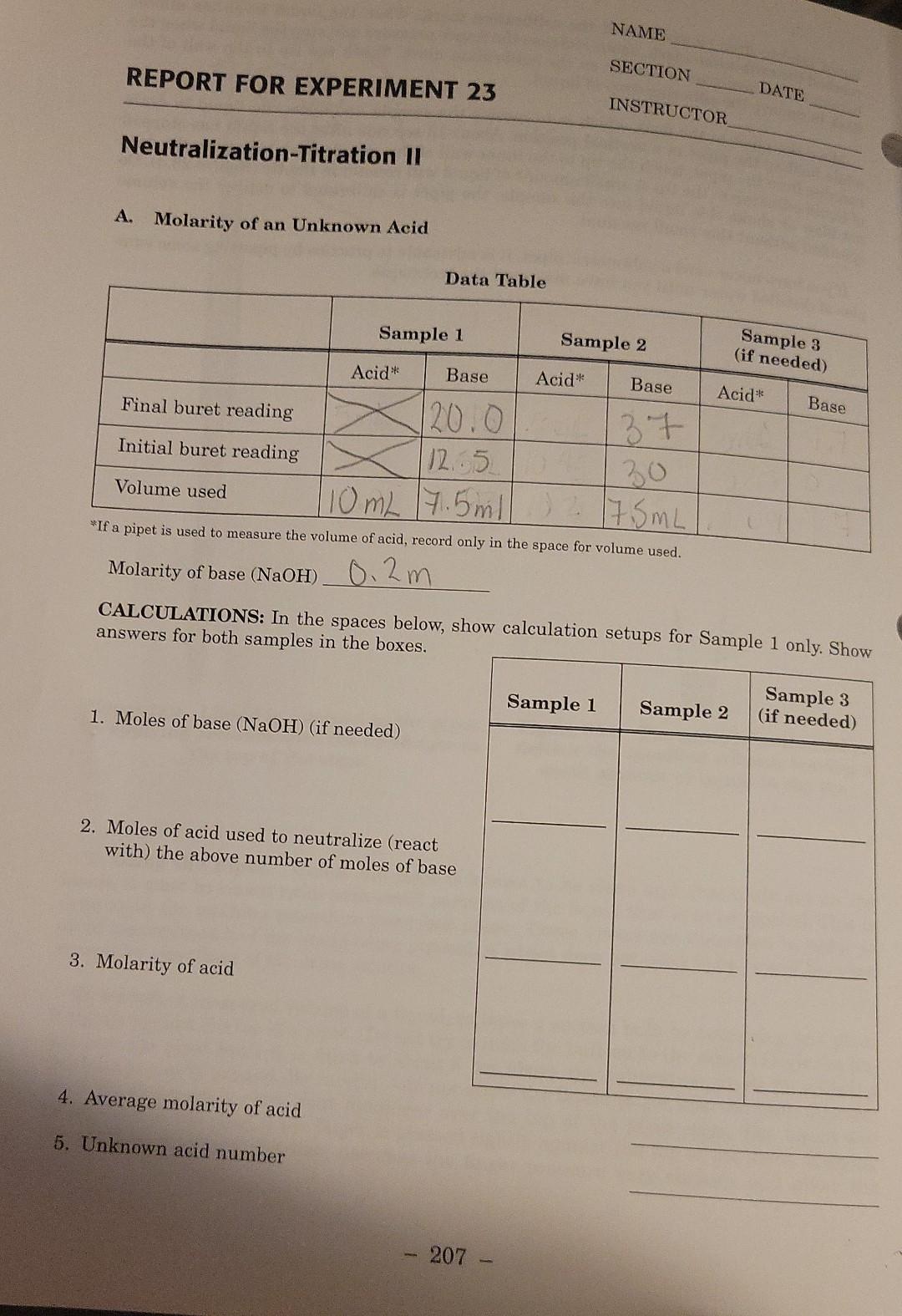 Solved NAME SECTION REPORT FOR EXPERIMENT 23 DATE INSTRUCTOR | Chegg.com