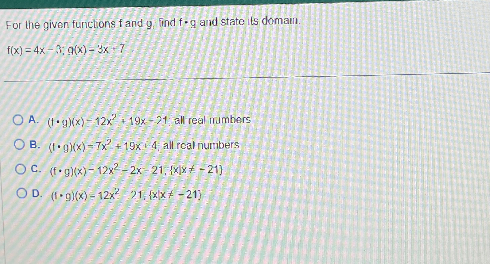 Solved For the given functions f ﻿and g, ﻿find f*g ﻿and | Chegg.com