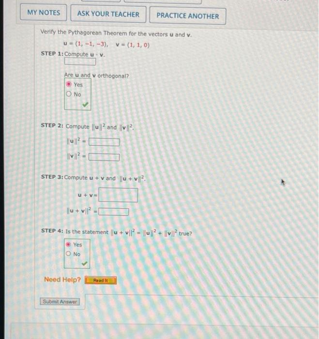 Solved Verify the Pythagorean Theorem for the vectors u and | Chegg.com