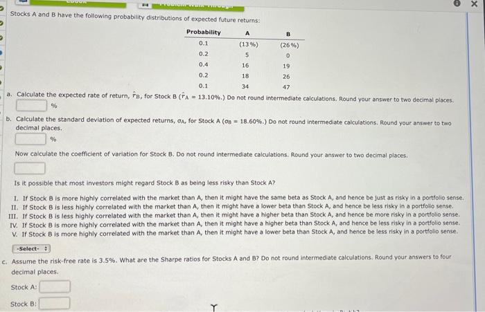Solved Stocks A and B have the foliowing probability | Chegg.com