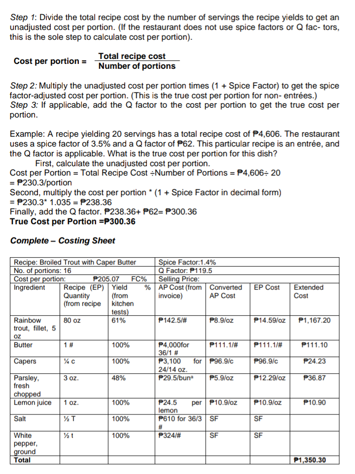 Example of Costing Sheet - EP Quantities, Yield | Chegg.com