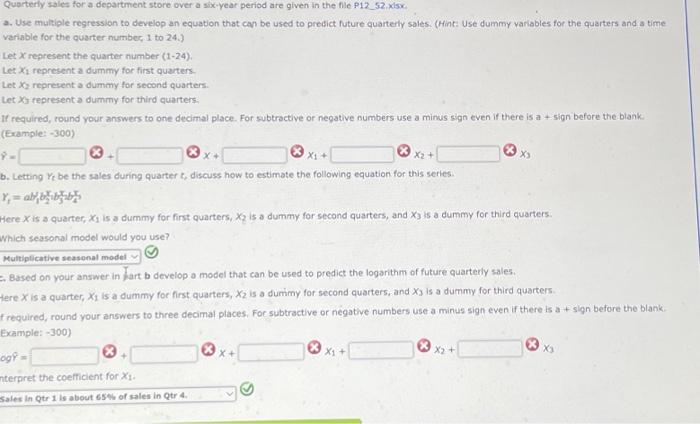 Solved Quarterly sales for a department store over a | Chegg.com