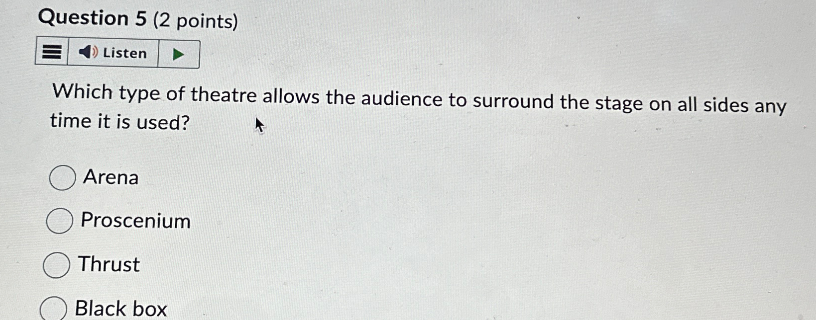 Solved Question 5 (2 points)ListenWhich type of theatre | Chegg.com Solved Question 5 (2 points)ListenWhich type of theatre | Chegg.com