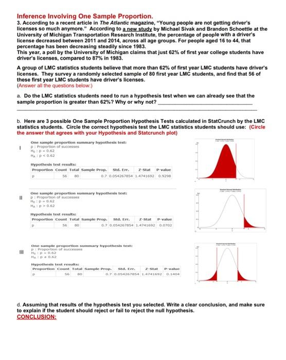 Solved Inference Involving One Sample Proportion. 3. | Chegg.com