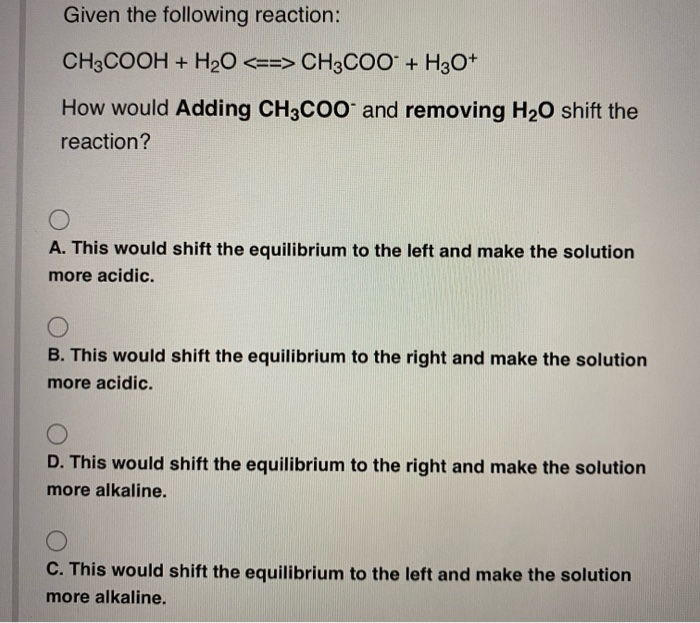 Solved Given the following reaction: CH3COOH + H2O | Chegg.com