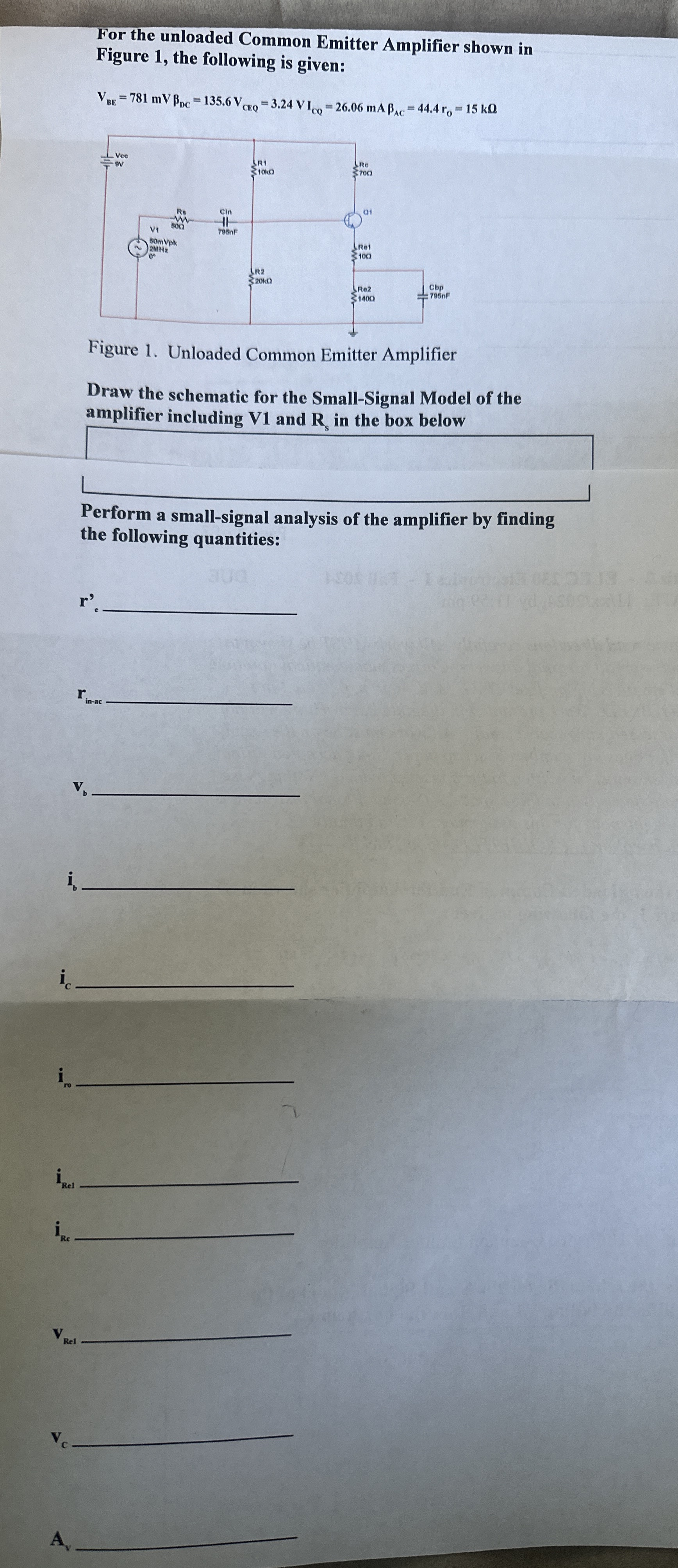 Solved For the unloaded Common Emitter Amplifier shown in | Chegg.com