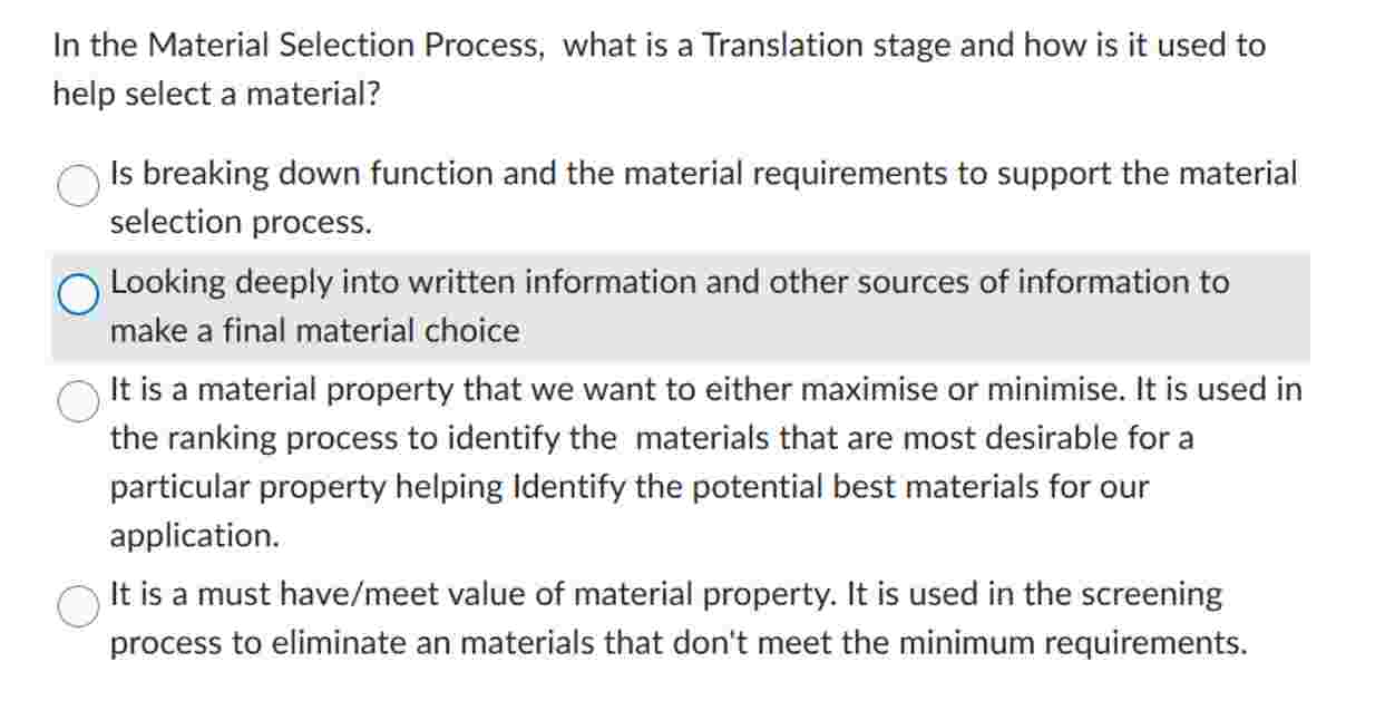 Solved In the Material Selection Process, what is a | Chegg.com