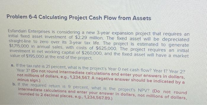 Solved Problem 6-4 Calculating Project Cash Flow from Assets | Chegg.com Solved Problem 6-4 Calculating Project Cash Flow from Assets | Chegg.com