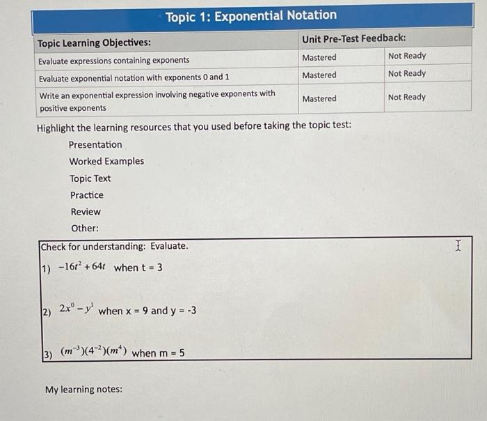 Solved Topic 1: Exponential Notation Topic Learning | Chegg.com