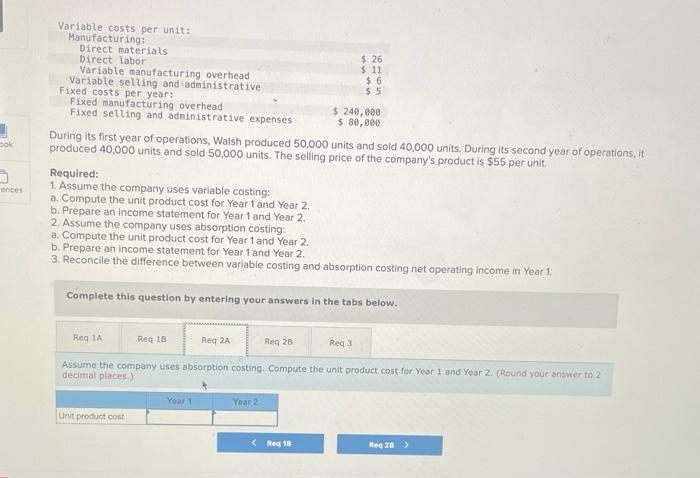 Solved Nalsh Company manufactures and sells one product. The | Chegg.com