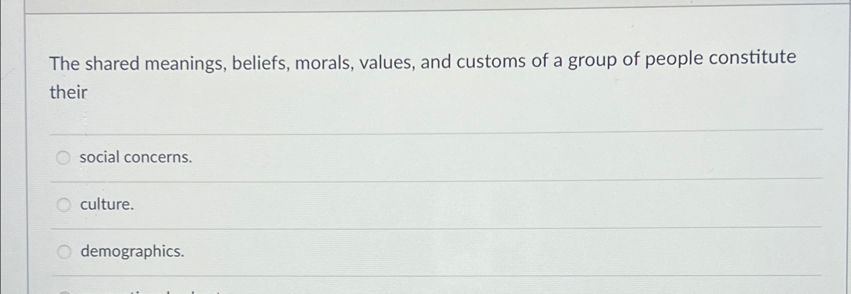 Solved The shared meanings, beliefs, morals, values, and | Chegg.com