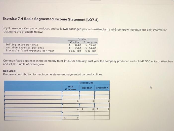 Solved Exercise 7-4 Basic Segmented Income Statement [LO7-4] | Chegg.com