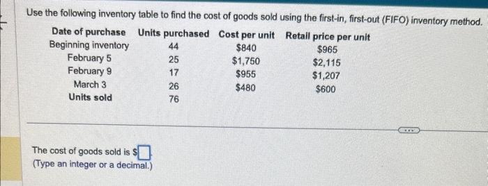 Solved Use the following inventory table to find the cost of | Chegg.com