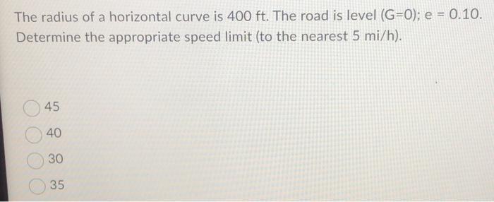 Solved The radius of a horizontal curve is 400ft. The road | Chegg.com