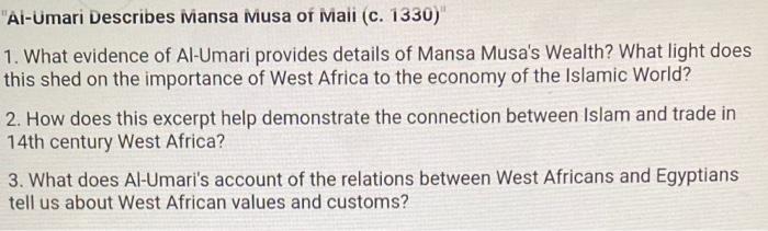 "Al-Umari Describes ivansa iviusa of ivali (c. 1330)" | Chegg.com