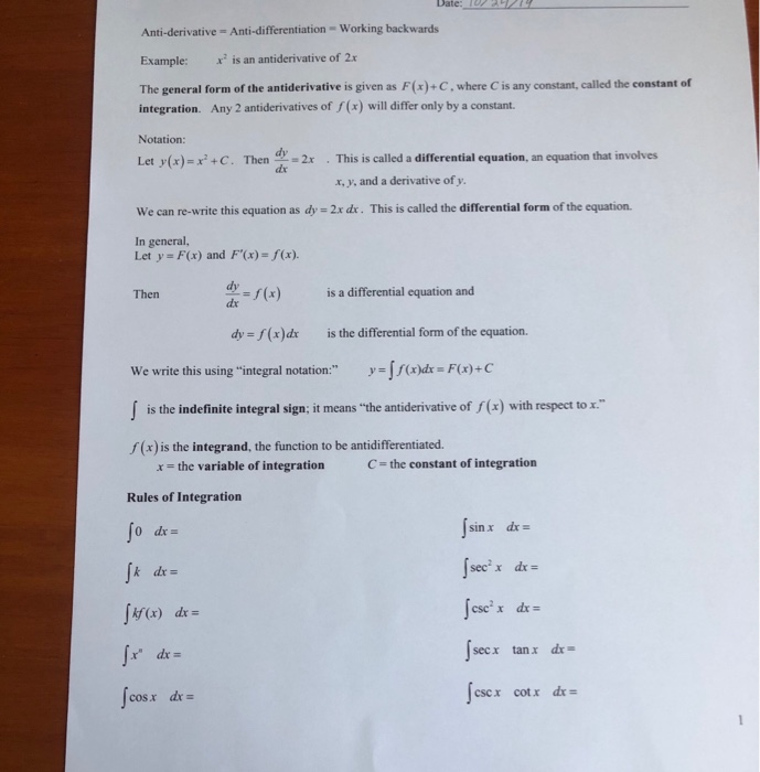 Solved Anti-derivative = Anti-differentiation - Working | Chegg.com