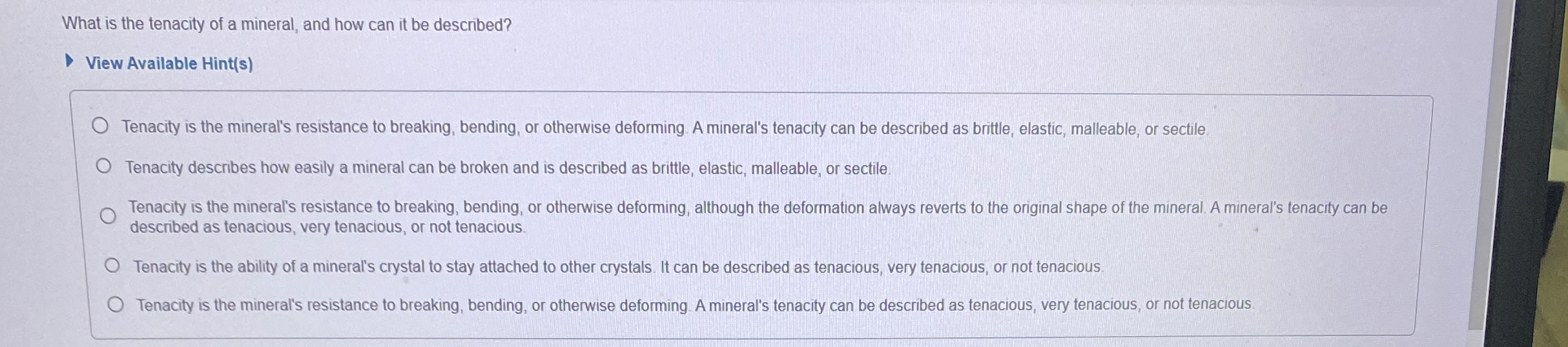 Solved What is the tenacity of a mineral, and how can it be | Chegg.com
