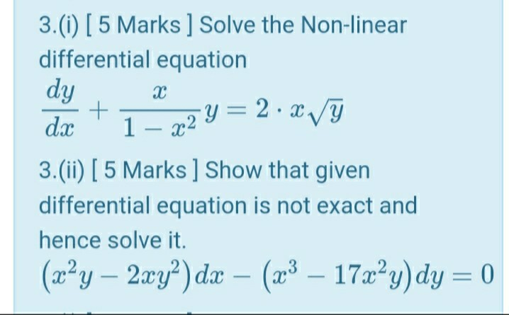 Solved 3.(i) [ 5 Marks ] Solve the Non-linear differential | Chegg.com