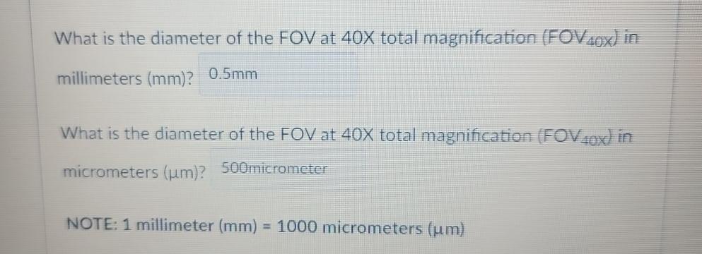 What is the diameter of the FOV at 40x ﻿total | Chegg.com