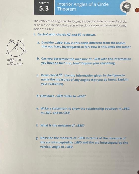 Solved ACTIVITY 5.3 Interior Angles of a Circle Theorem The | Chegg.com