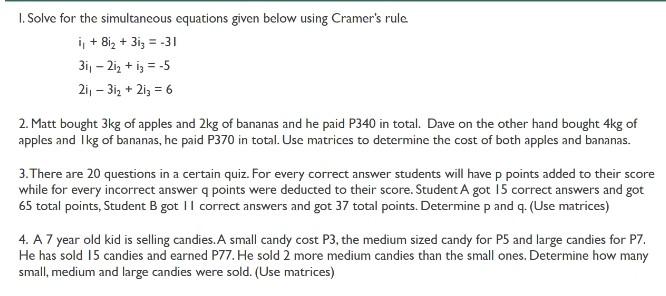 Solved 1. Solve for the simultaneous equations given below | Chegg.com