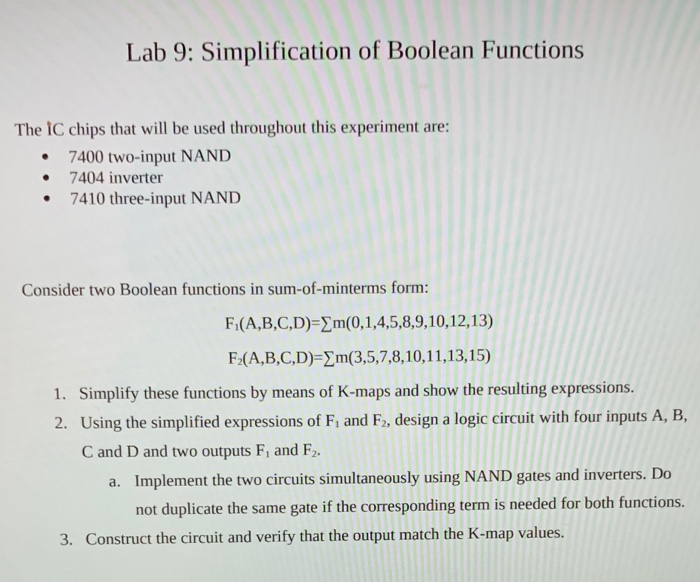 Solved Lab 9: Simplification of Boolean Functions The IC | Chegg.com