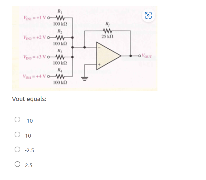Solved Vout equals:-1010-2.52.5 | Chegg.com