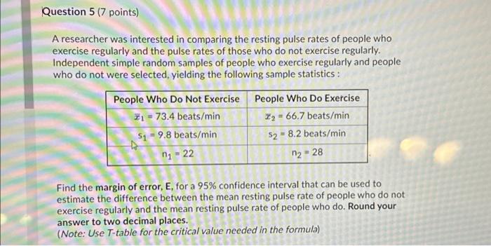 Solved Question 5 (7 points) A researcher was interested in | Chegg.com