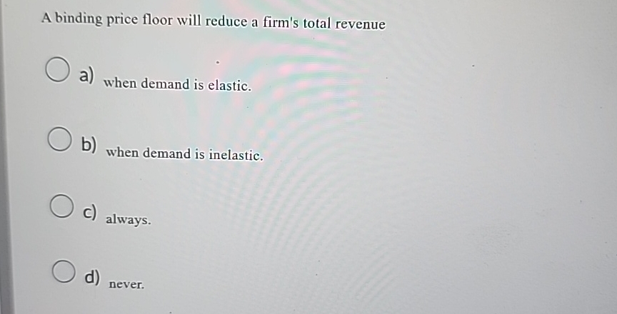 Solved A binding price floor will reduce a firm's total | Chegg.com