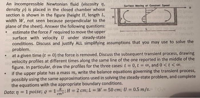 Solved An incompressible Newtonian fluid (viscosity η, | Chegg.com