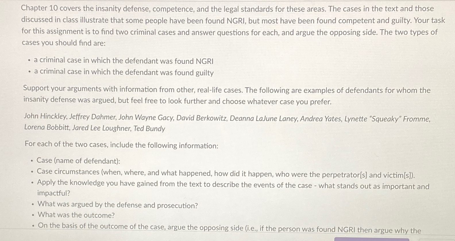 Solved Chapter 10 ﻿covers the insanity defense, competence, | Chegg.com