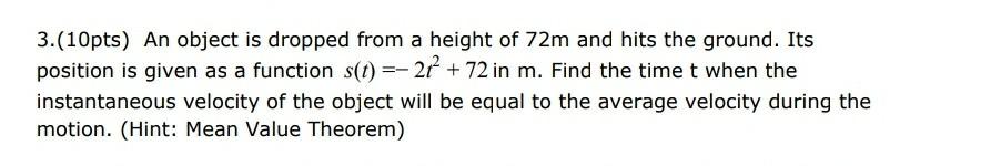 Solved 3.(10pts) An object is dropped from a height of 72m | Chegg.com