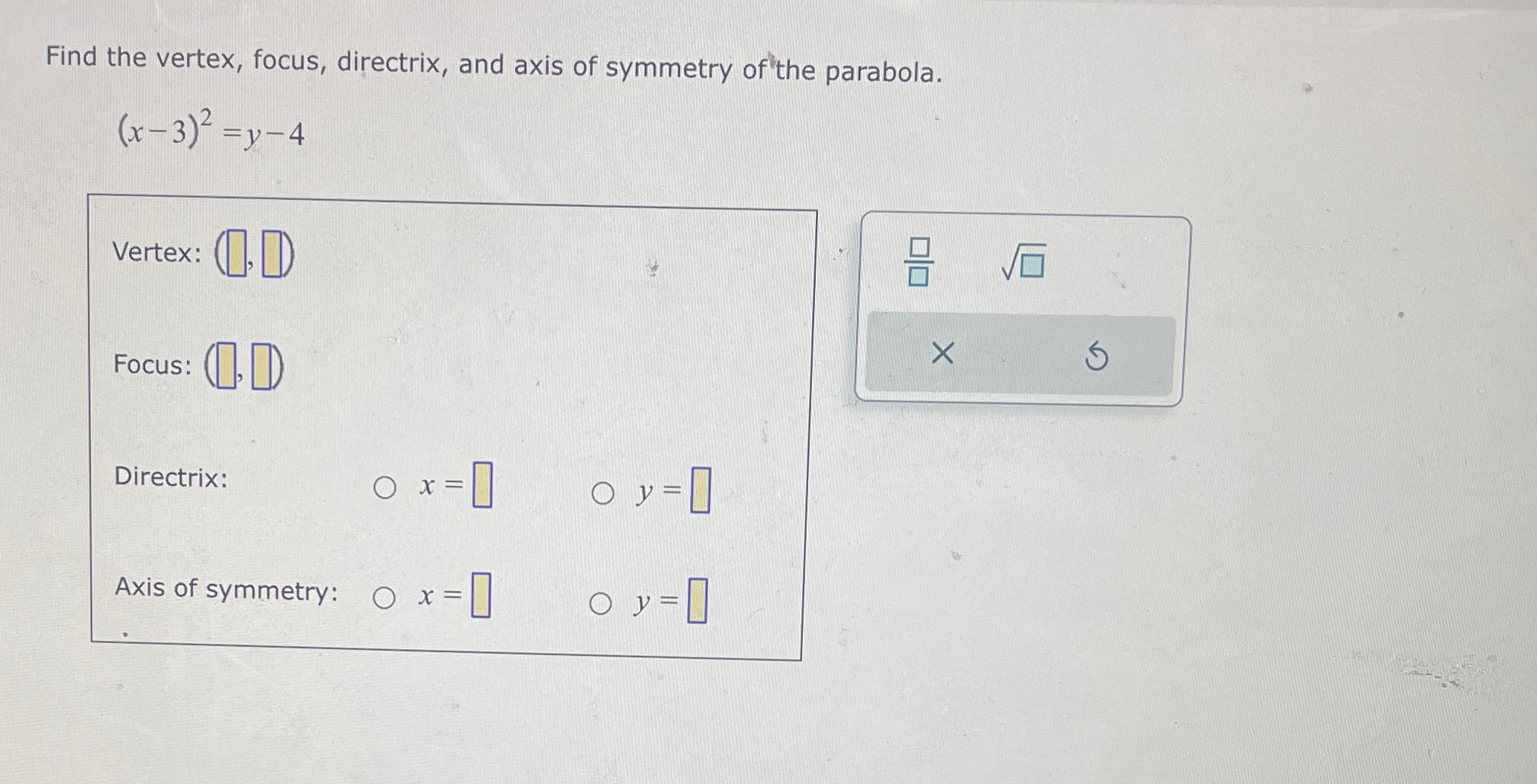 Solved Find the vertex, focus, directrix, and axis of | Chegg.com