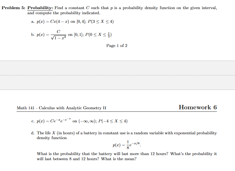 Solved Problem 5: Probability: Find a constant C such that p | Chegg.com