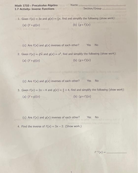 Solved Math 1710 - Precalculus Algebra Name 1.7 Activity- | Chegg.com