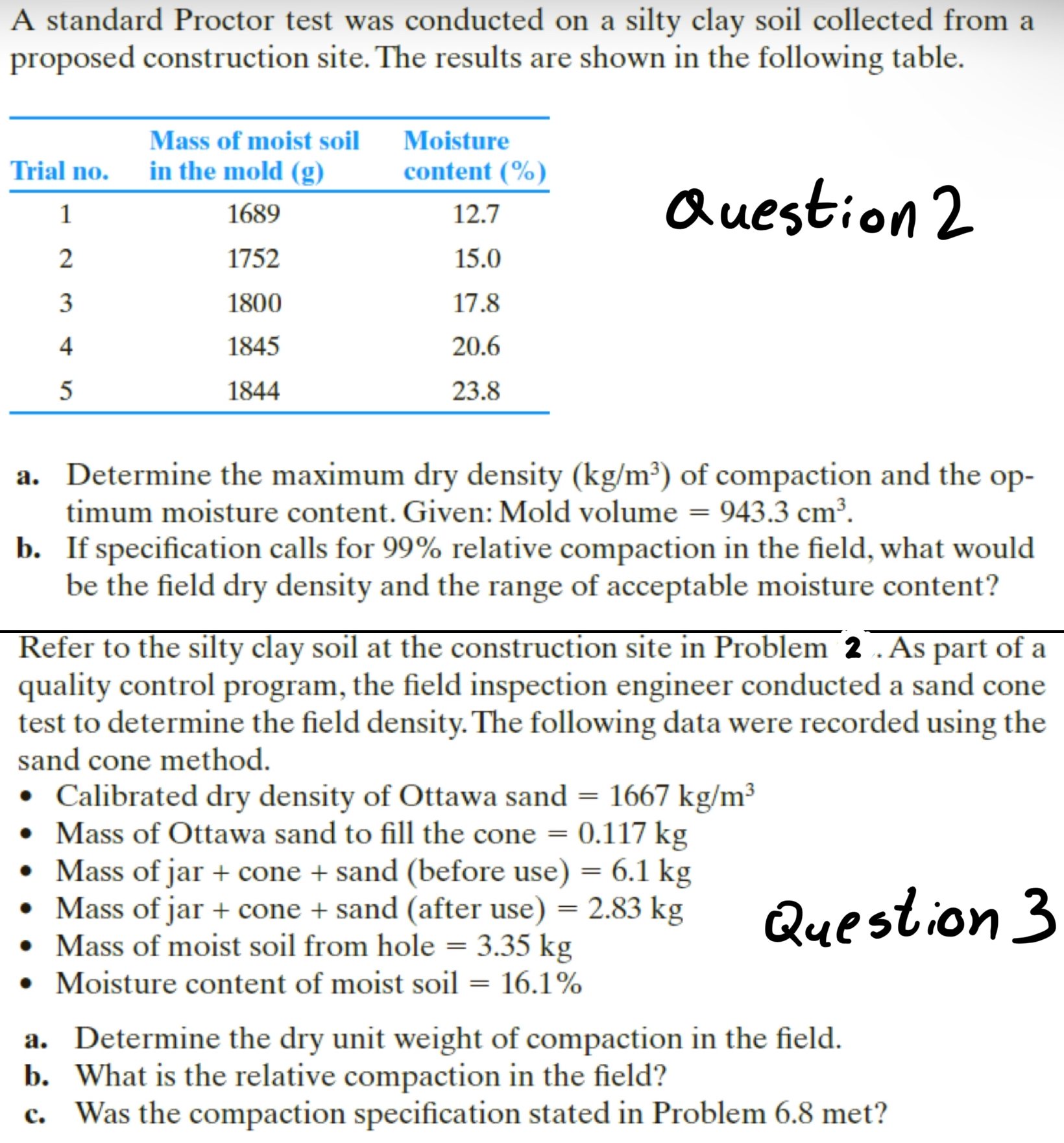 Solved A standard Proctor test was conducted on a silty clay | Chegg.com
