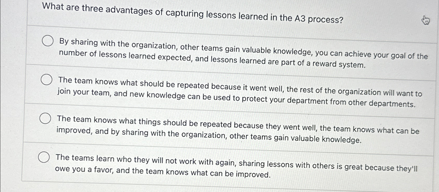 Solved What are three advantages of capturing lessons | Chegg.com