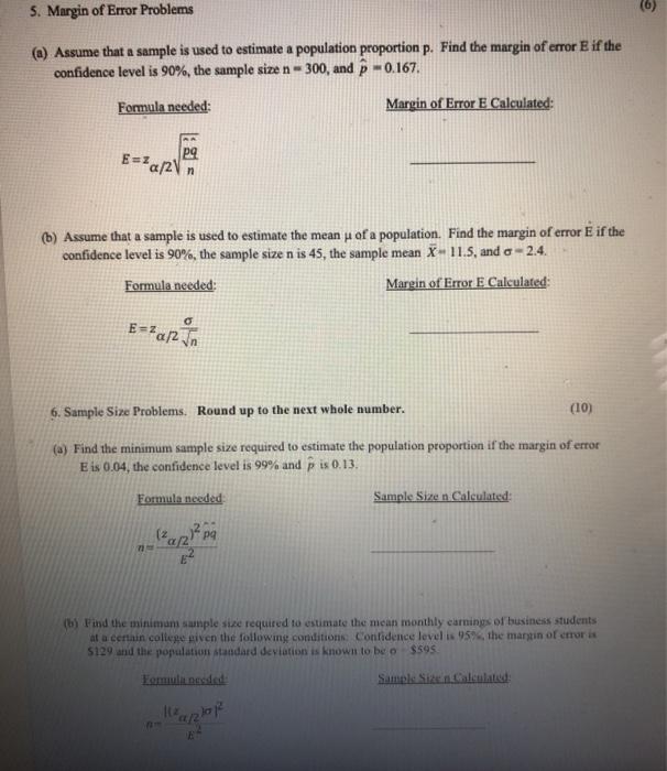 Solved S. Margin of Error Problems (a) Assume that a sample | Chegg.com