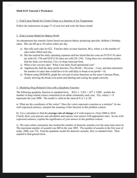 Solved Math 0132 Tutorial 2 Worksheet 1. Find Linear Model | Chegg.com
