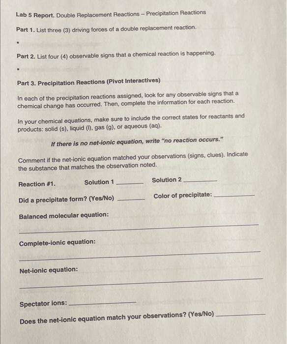 Solved Laboratory 5. Double Replacement Reactions - | Chegg.com